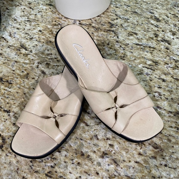 Clarks | Shoes | Clarks Comfort Slip On Leather Sandals Floral Cutout ...